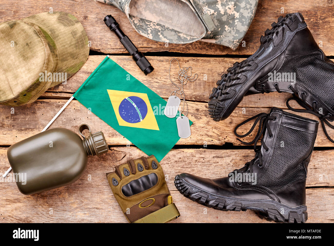 Set of brazil soldier outfit on wooden background. Brazilian flag and ...