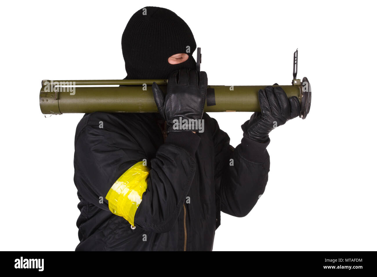 mobster with bazooka grenade launcher isolated on white background ...