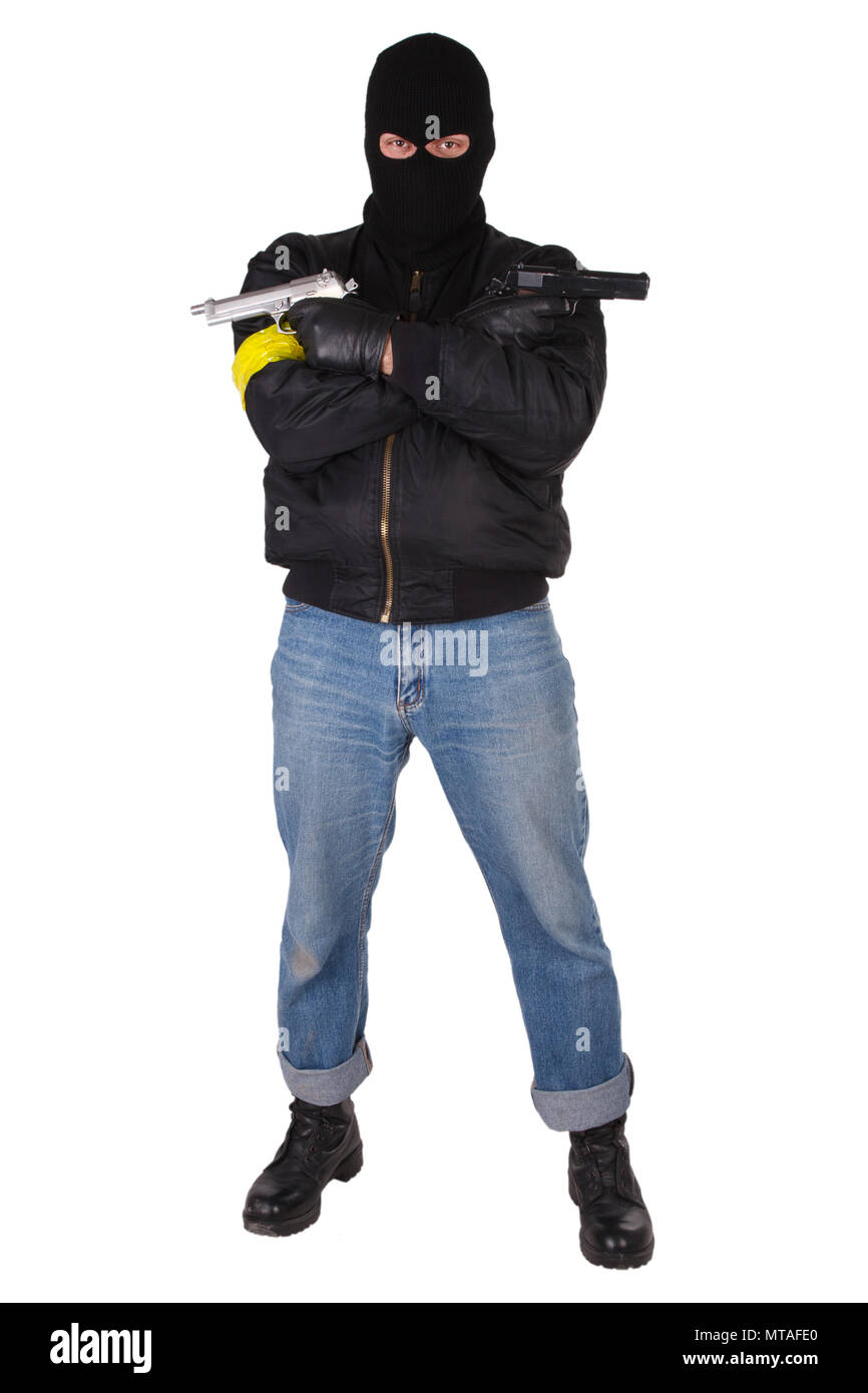 Criminal with handguns isolated on white background Stock Photo - Alamy