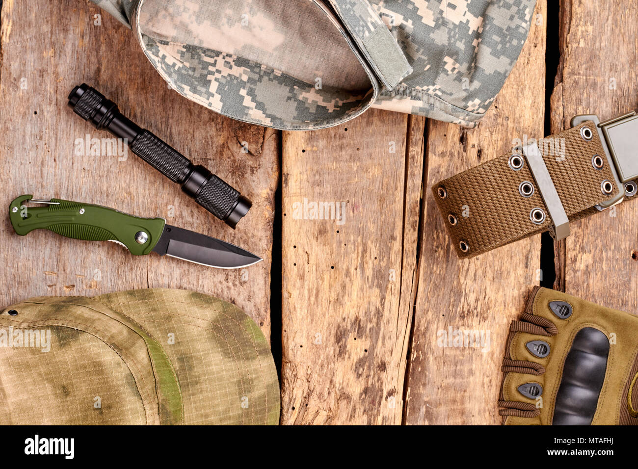 Set of soldier equipment. Top view, flat lay. Military items ...