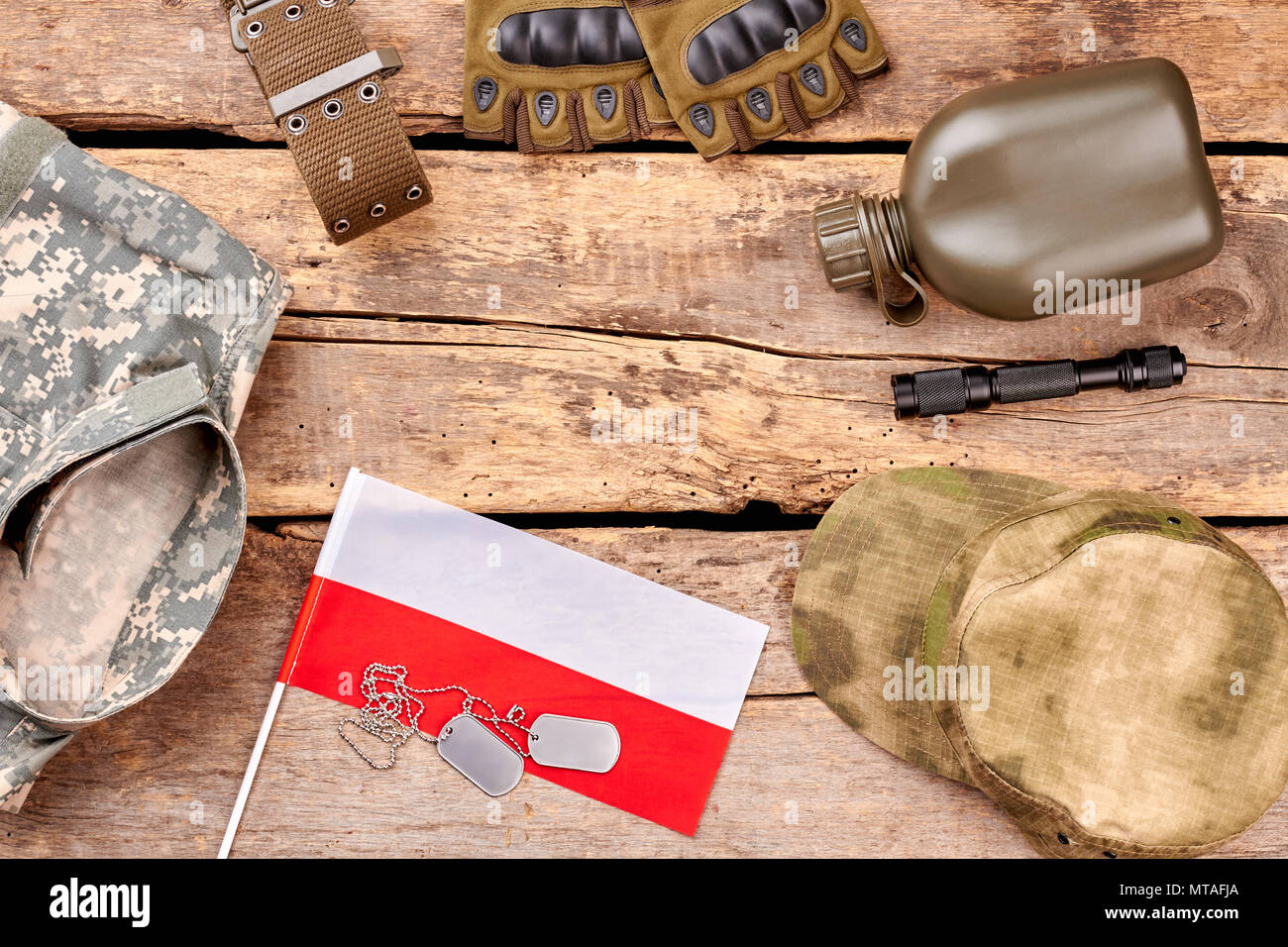 Military essentials arrangement f polish soldier. Flat lay, top view ...