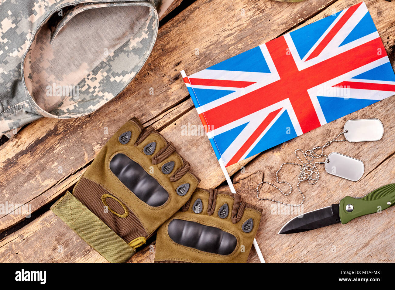 Set of british army soldier items. Military equipment, top view, flat ...