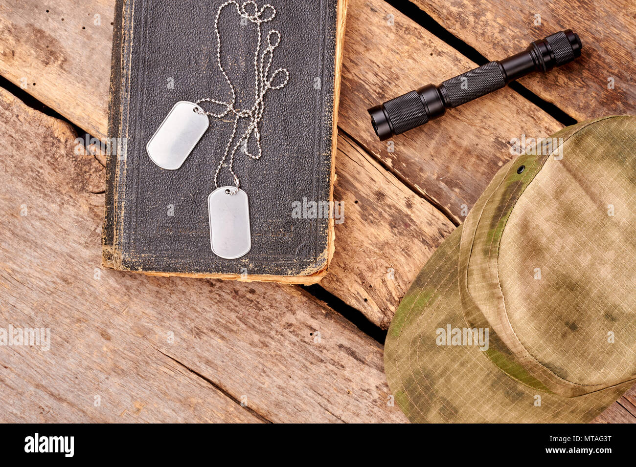 War army soldier things, flat lay. Top view. Wooden background Stock ...