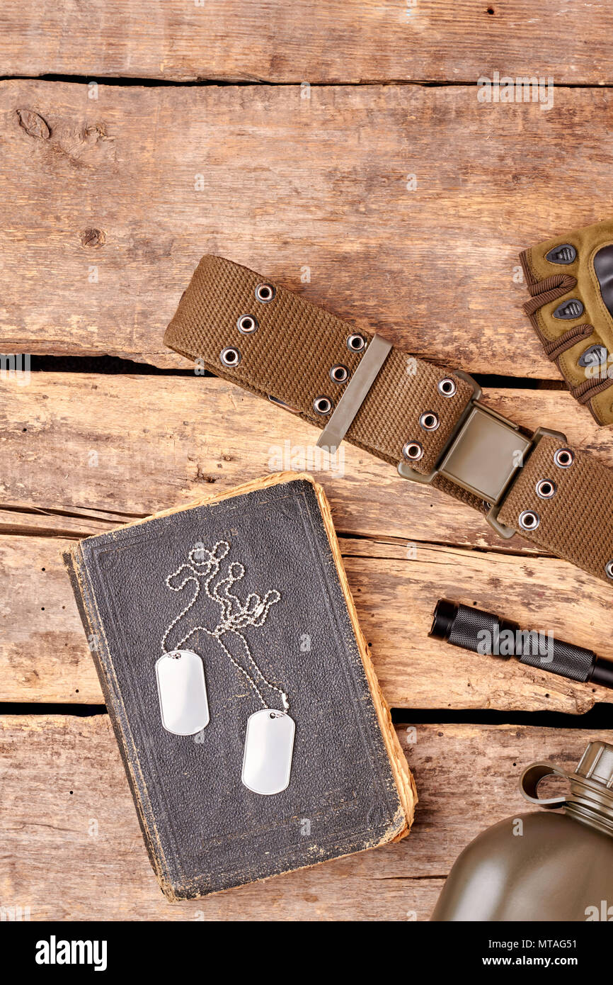 Flat lay, set of military equipment. Still life, top view Stock Photo ...