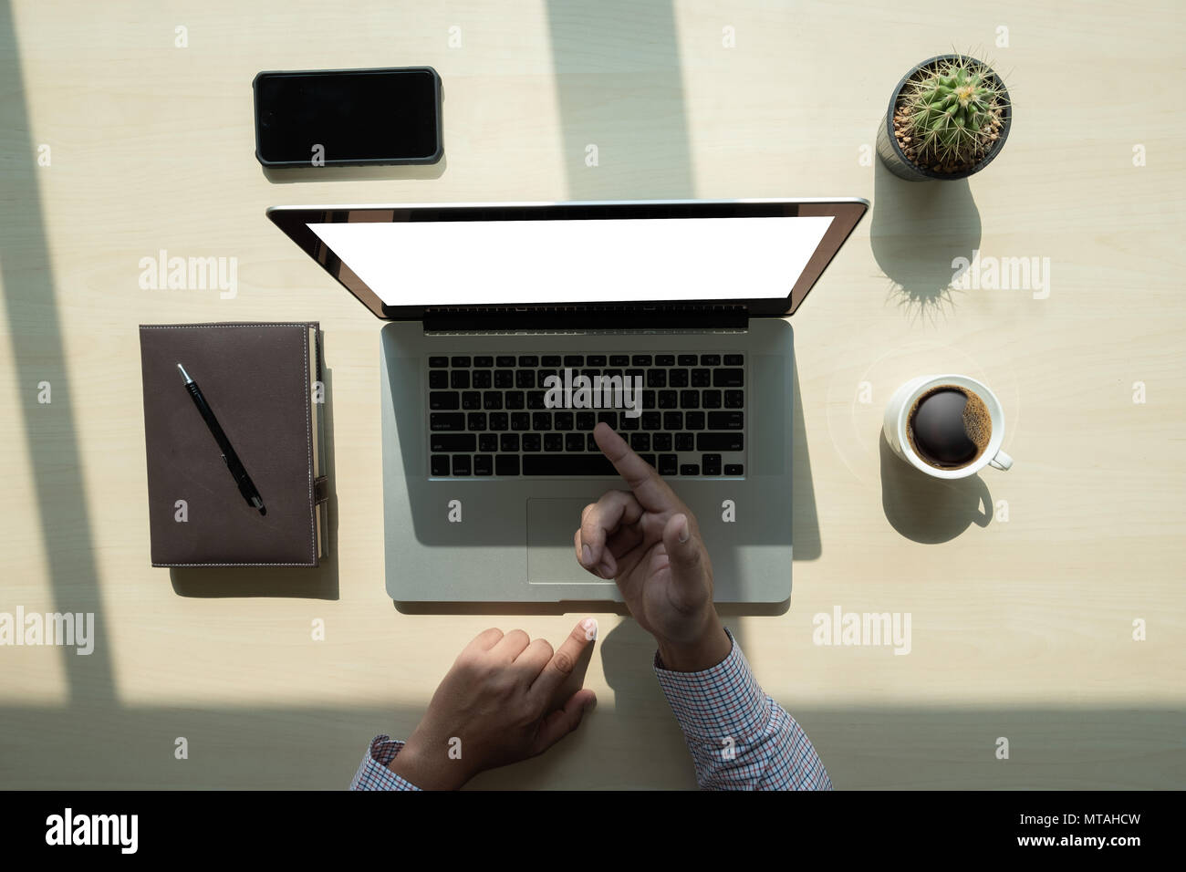 Overhead View top view man Working Desk Concept Stock Photo - Alamy
