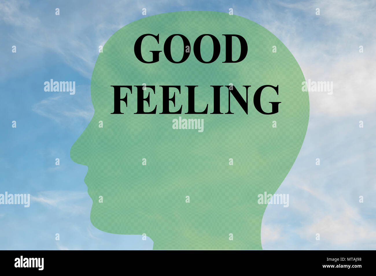 Render illustration of GOOD FEELING title on head silhouette, with ...