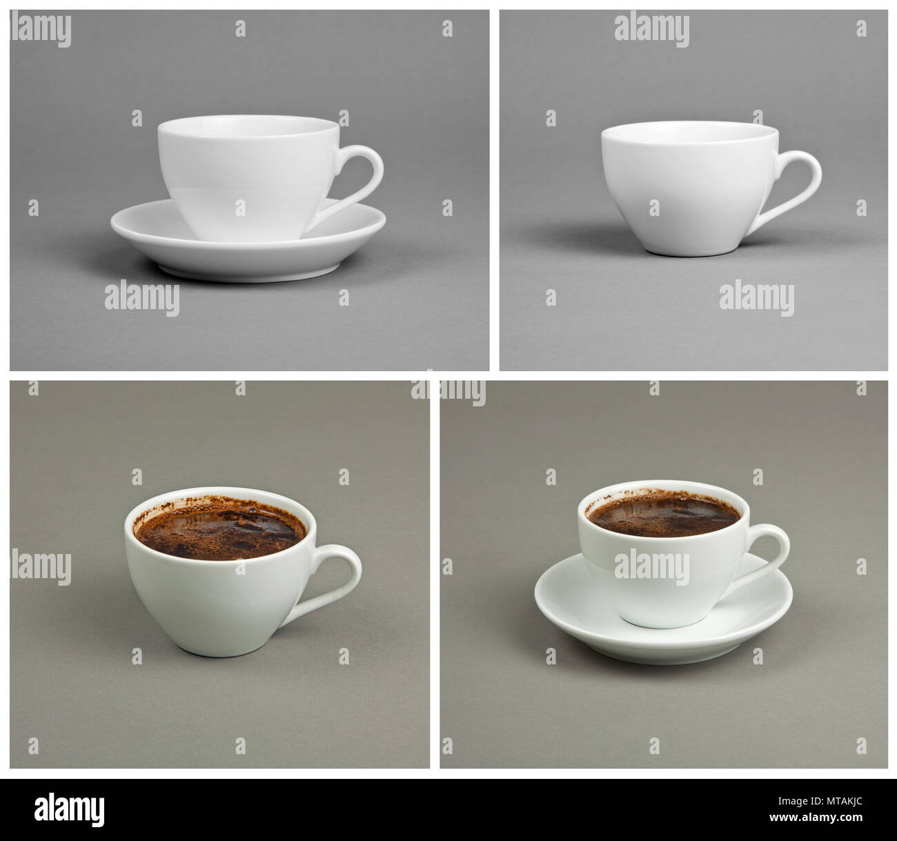 Collection of coffee cups on gray background, top, front, side view ...