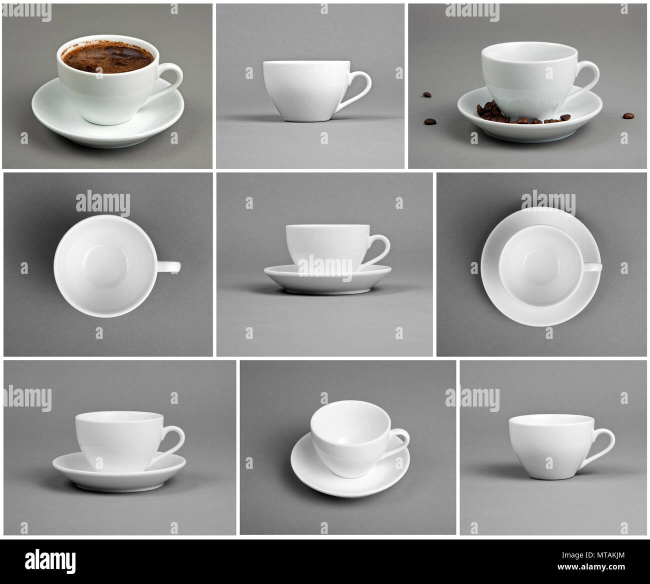 Set with cups of coffee on gray background, top, front, side view Stock ...