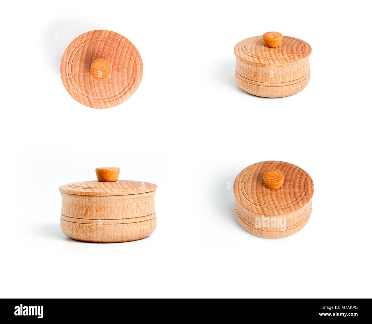 Set of wooden bowl with cover on white background. Top and front view ...