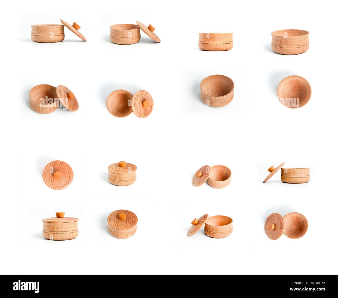 Set of wooden bowl with cover on white background. Top and front view ...