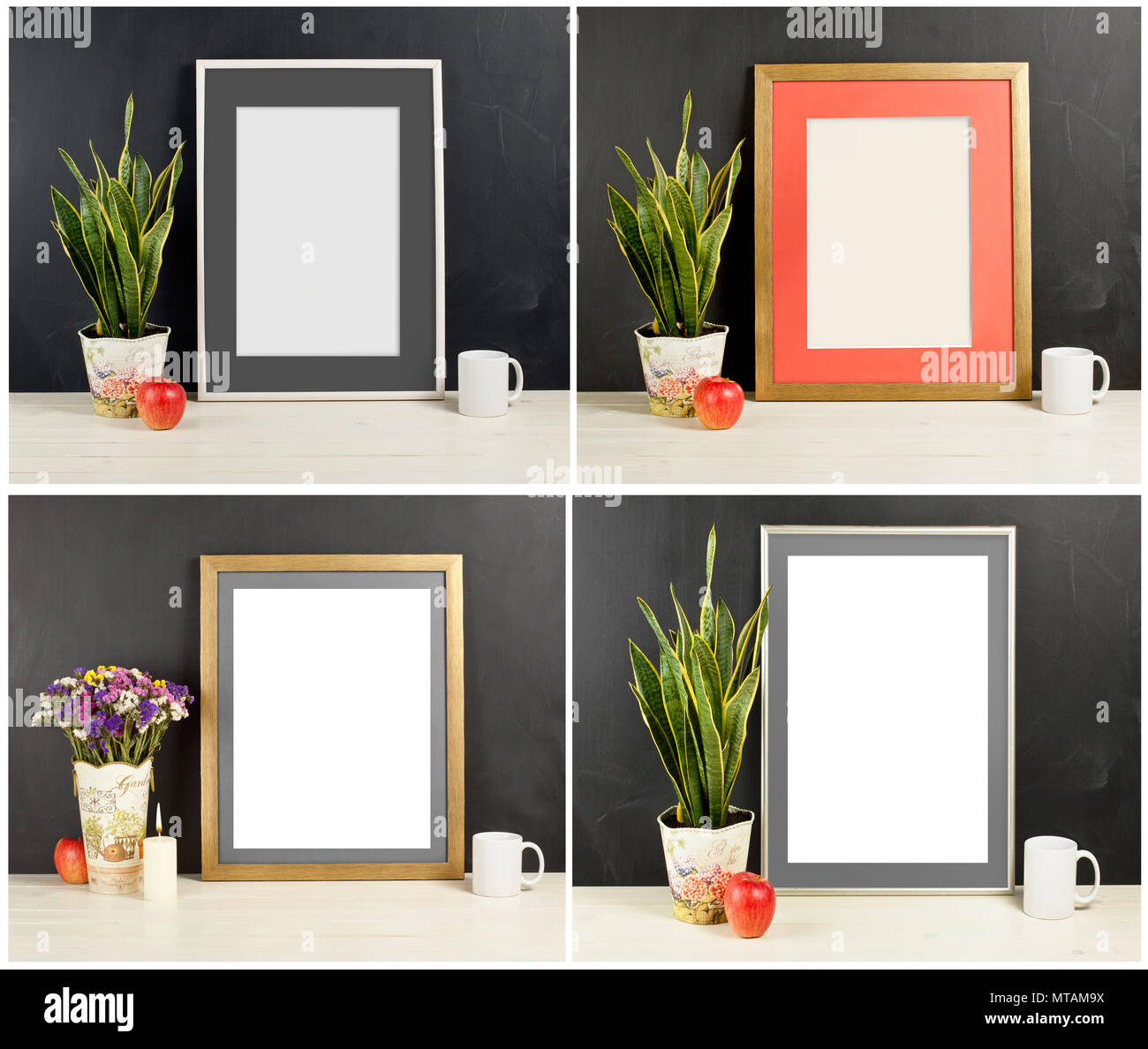 Set of frame mockup with field flowers in vase, plant pot, apple, mug ...