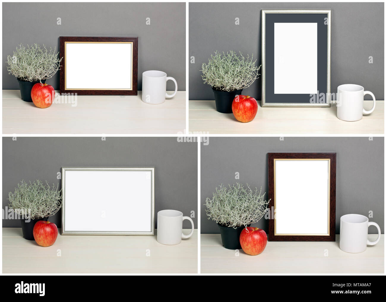 Set of frame mockup with plant pot, apple, mug. Empty frame mock up for ...