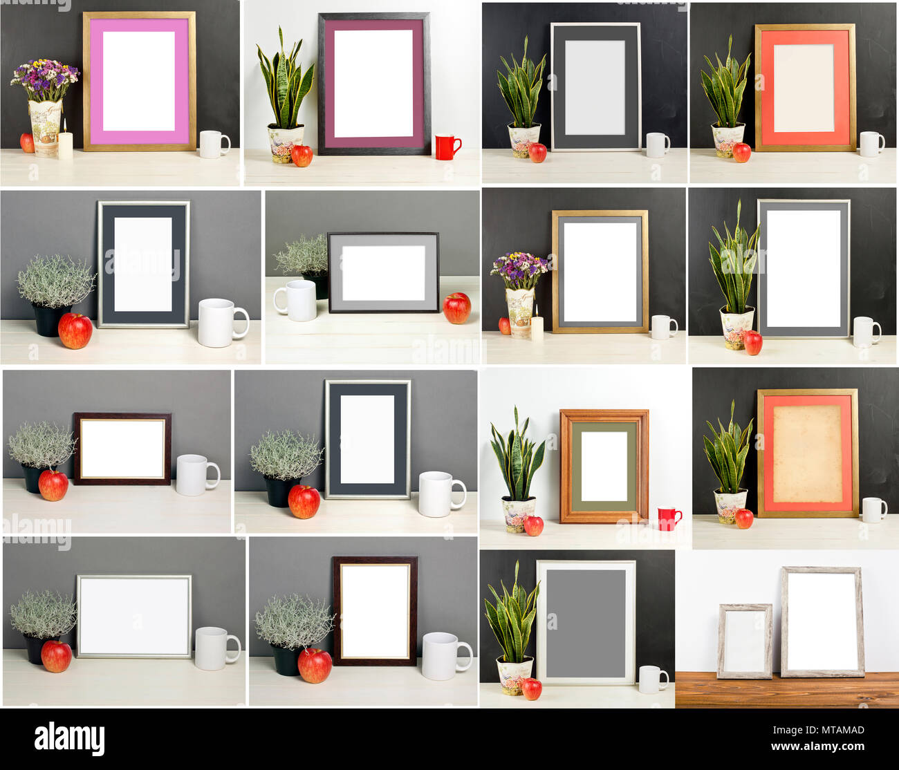 Frame mockup with plant pot, apple and mug. Empty frame mock up for ...