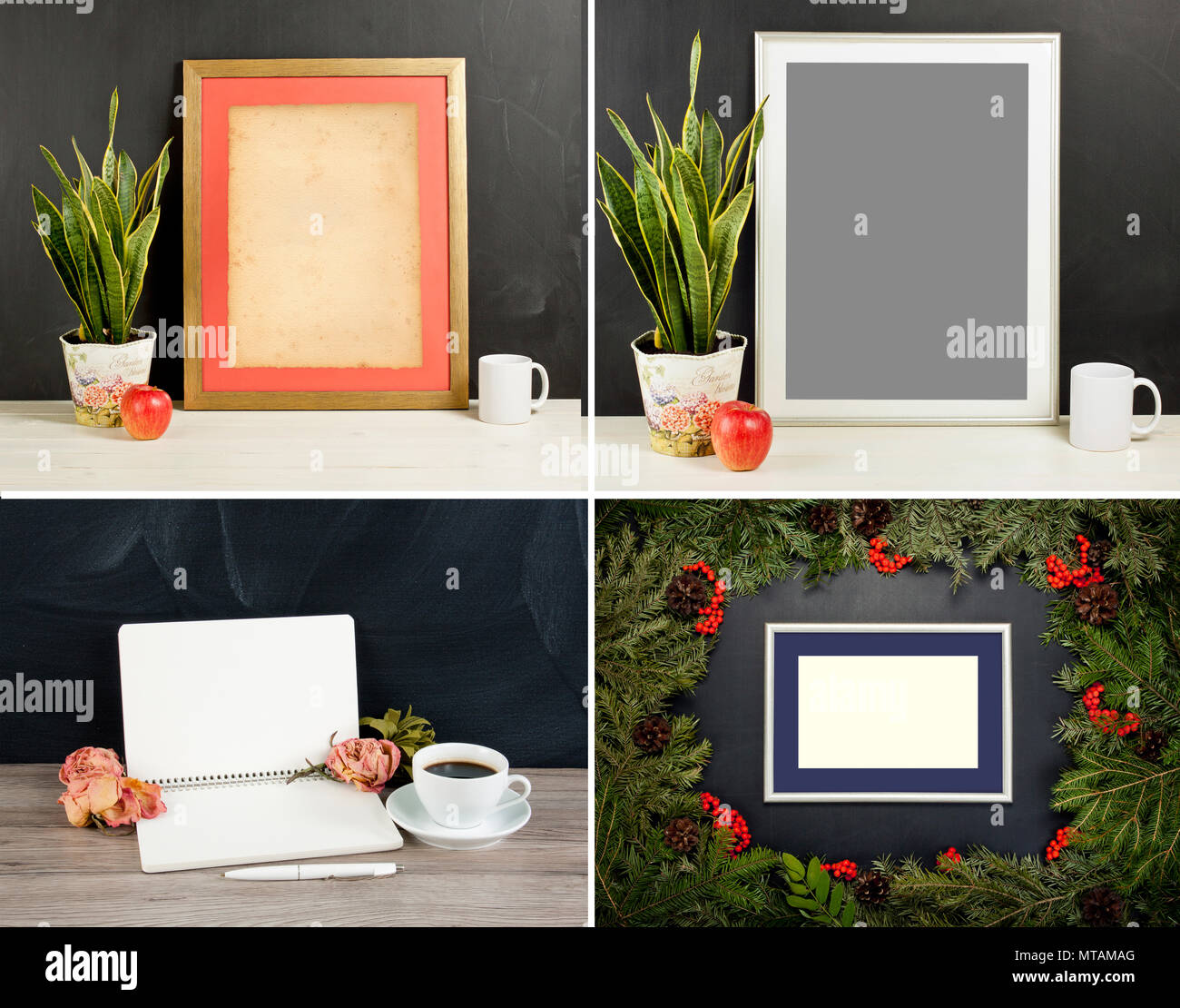 Frame mockup with plant pot, apple and mug. Empty frame mock up for ...