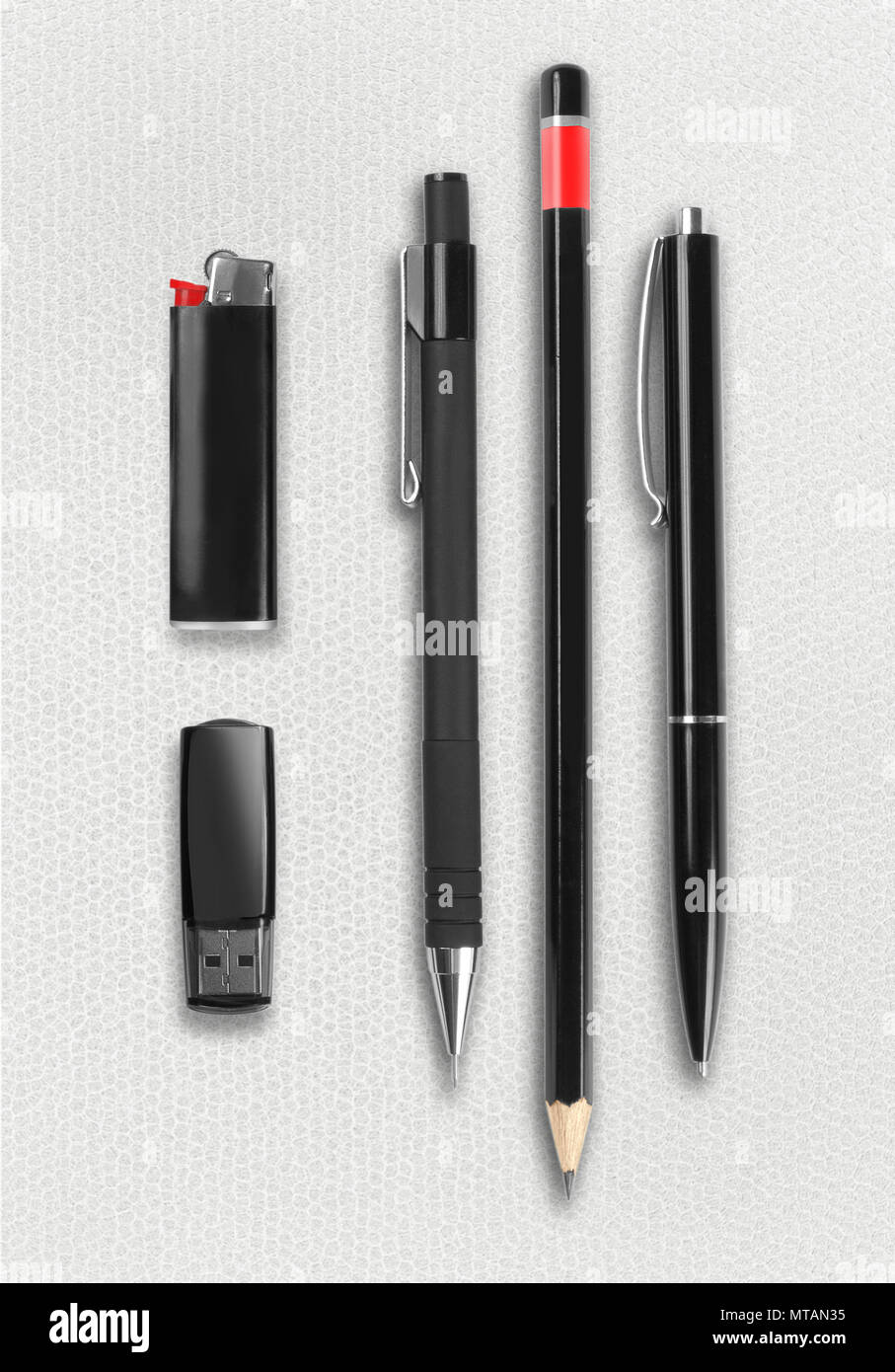 Pen, pencil, ligter and flash drive set Stock Photo - Alamy