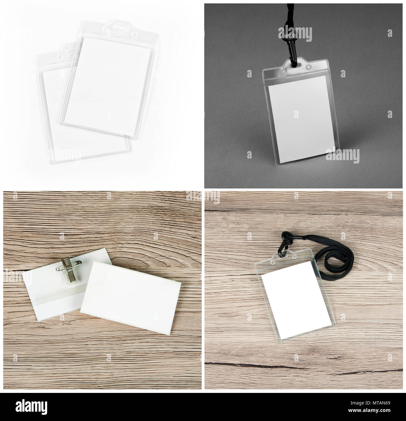 Set of id cards on wooden, grey and white backgrounds Stock Photo - Alamy