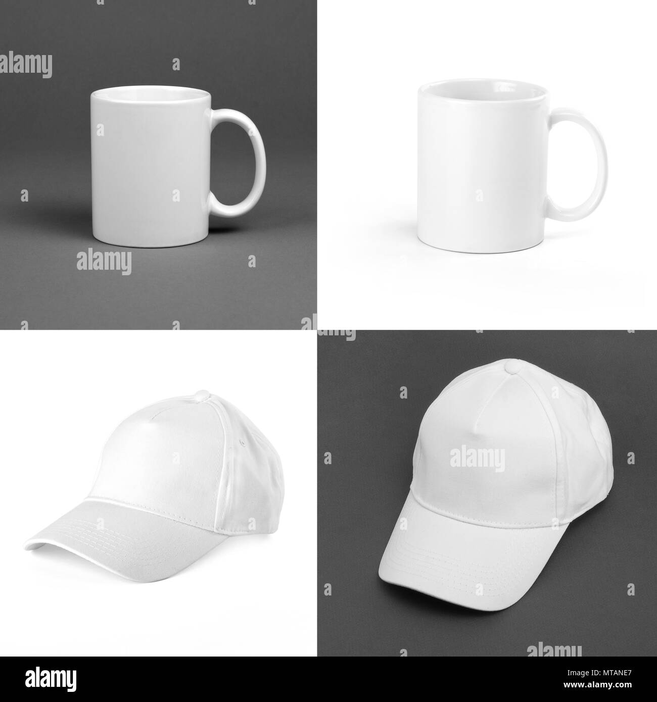 Collection of white mugs and baseball caps front side. Blank design for ...