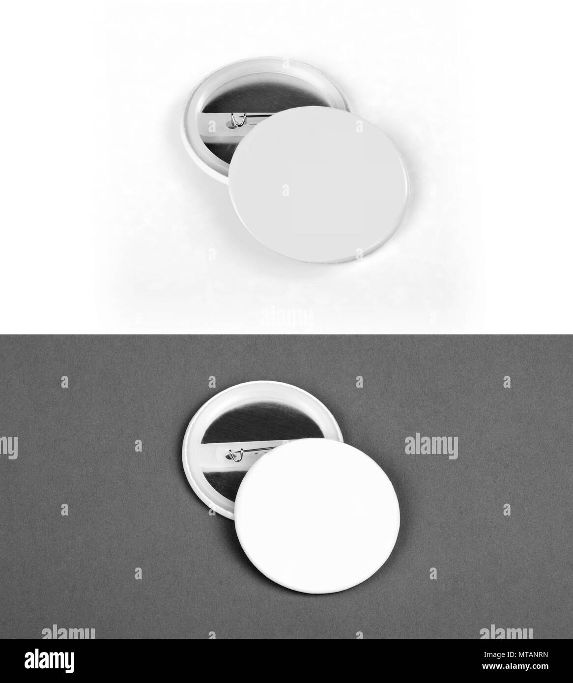 White Badges front and back view on a white and gray background Stock ...