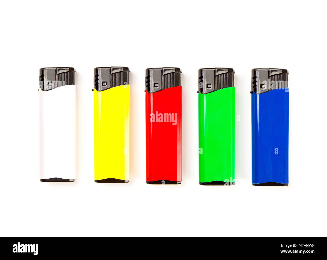 set of colored lighters, isolated on white background Stock Photo - Alamy