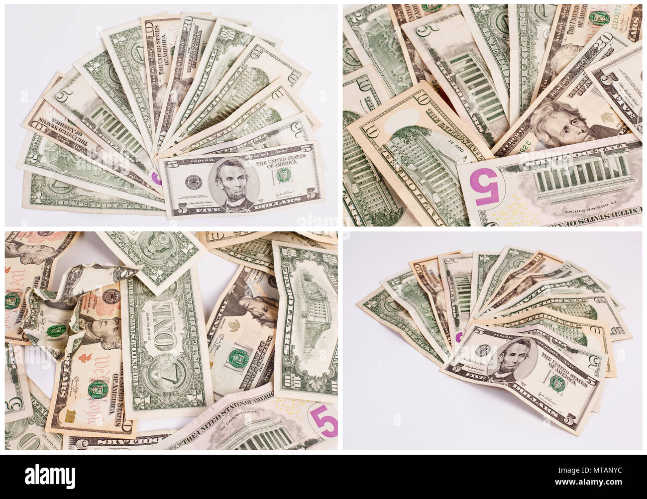 Pile of various US american dollar money bills spread on white ...