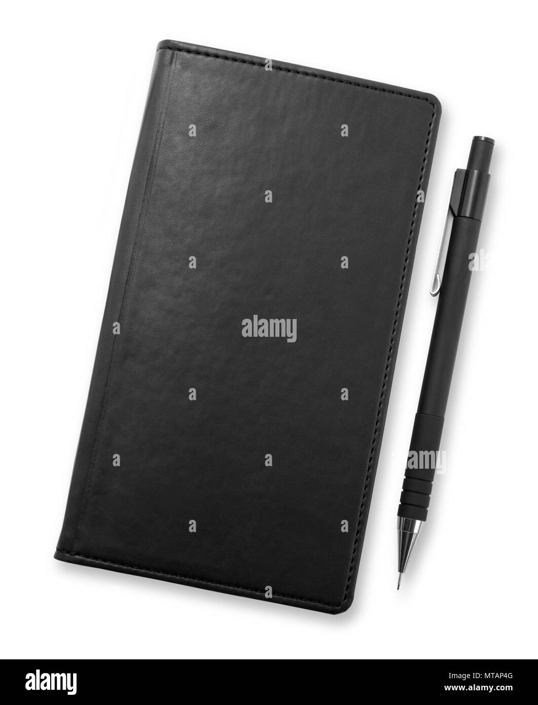 Black notebook and pencil isolated on white background, corporate style ...