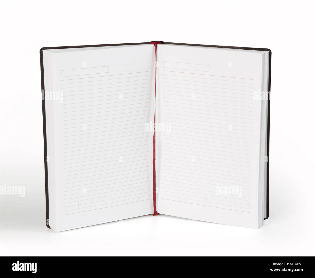 Blank opened copybook template with bookmark on white background Stock ...