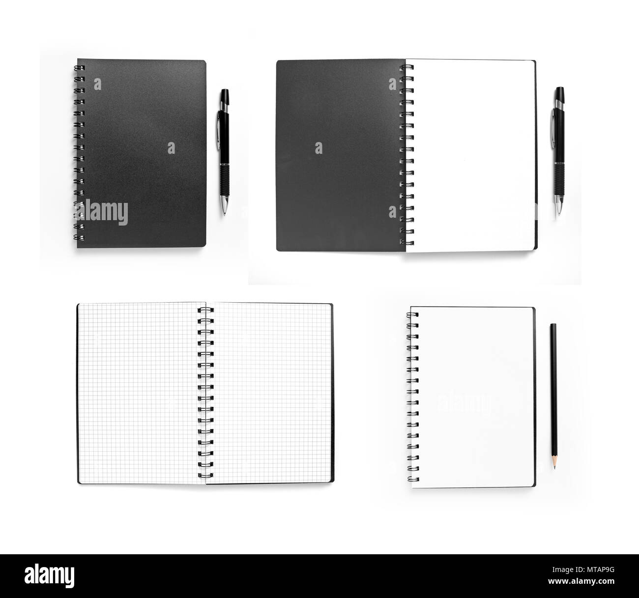 Set of black opened and closed notebooks with pen on white Stock Photo ...