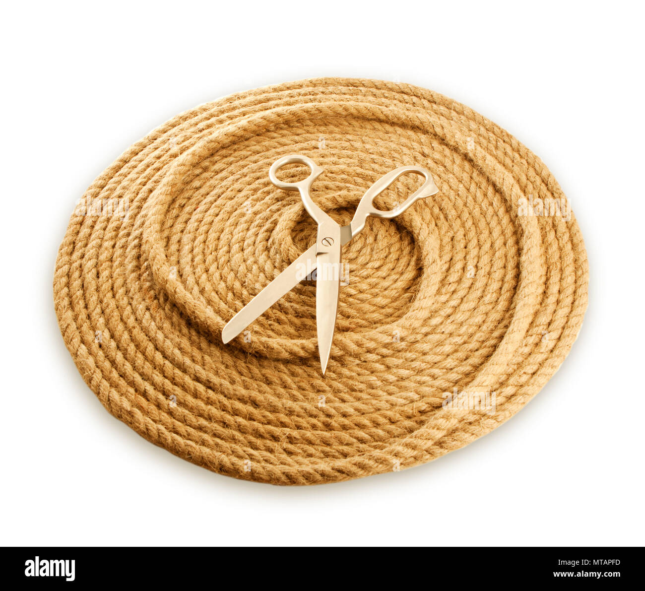 scissors on a rope isolated on white background Stock Photo - Alamy