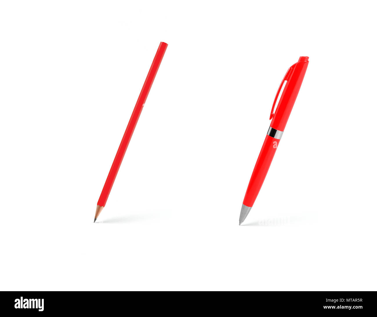 Red plastic ballpoint pen and pencil on a white background Stock Photo ...