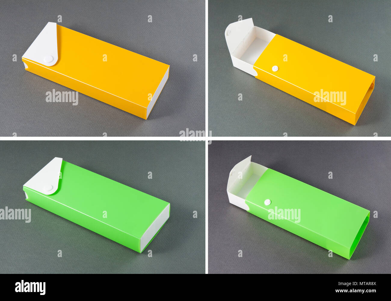 Collection of colored Pencil Box, gray background Stock Photo - Alamy