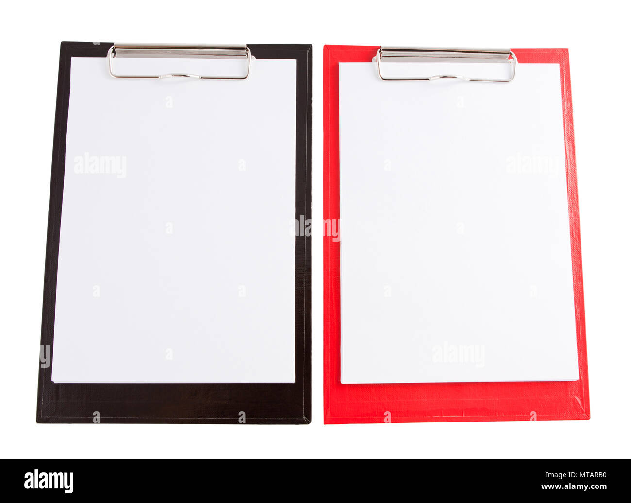 Red and black plastic clipboard with blank paper sheet isolated on ...