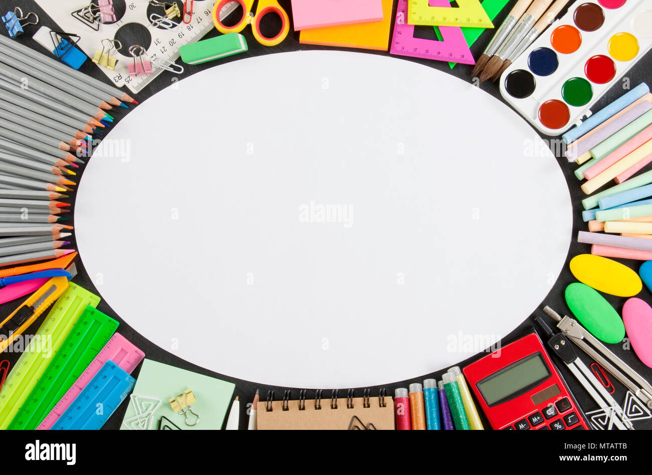 School supplies frame on a chalkboard background Stock Photo - Alamy