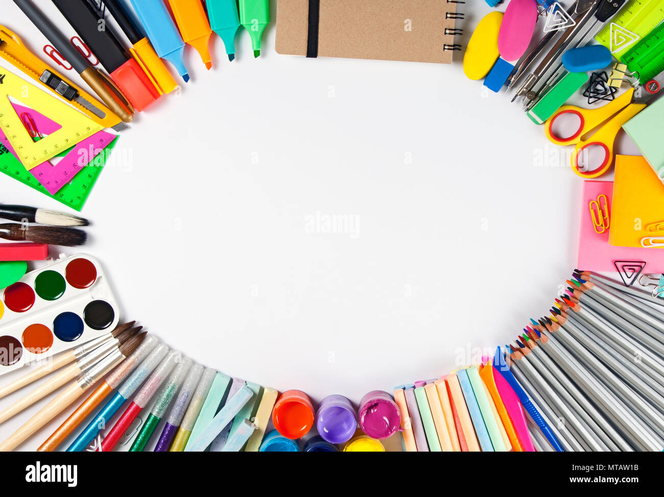 School supplies frame on a white background Stock Photo - Alamy