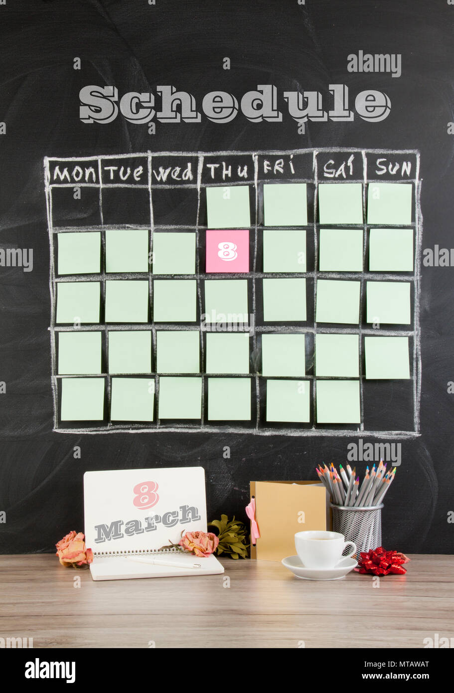 8 March concept: grid timetable schedule with decoration on black ...