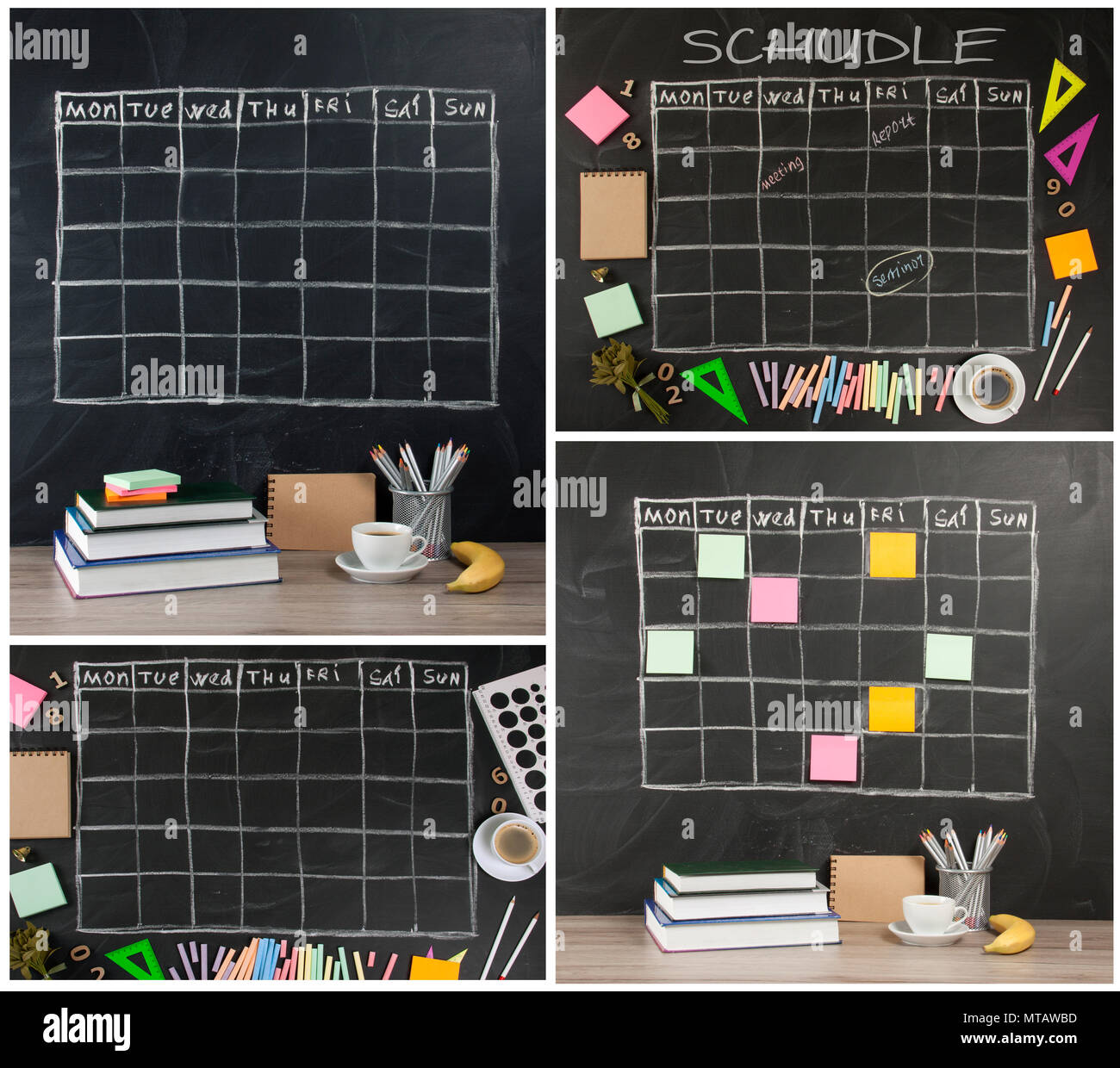 Grid timetable schedule with stationery on black chalkboard background ...