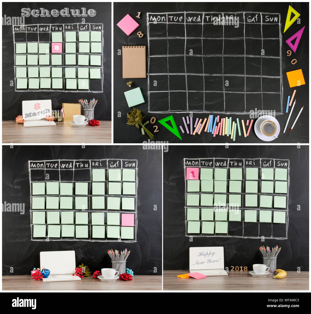 Grid timetable schedule with decoration on black chalkboard background ...