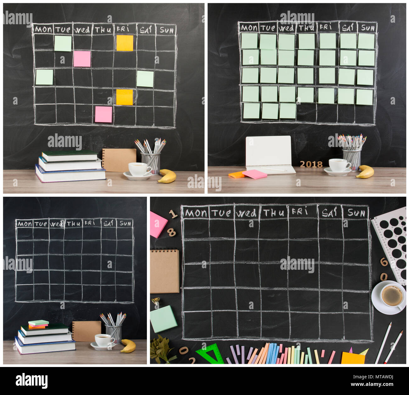 Grid timetable schedule with stationery on black chalkboard background ...