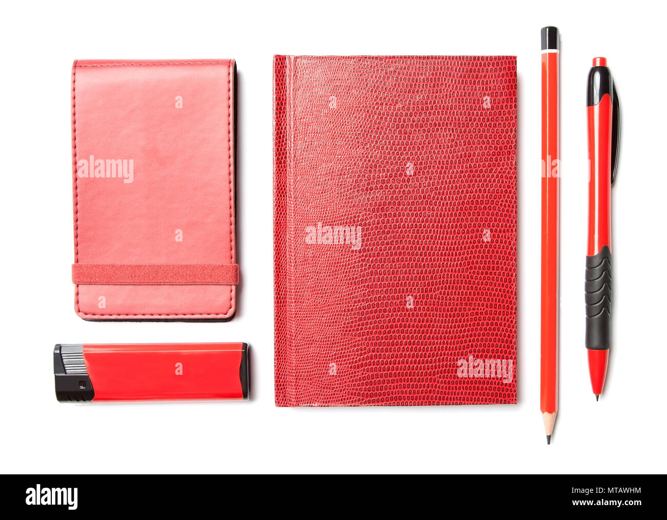 Red set of stationery isolated on white background Stock Photo - Alamy