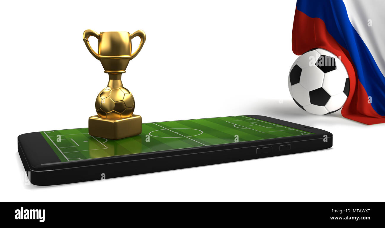 mobile phone trophy soccer field with flag of Russia 3d rendering Stock ...