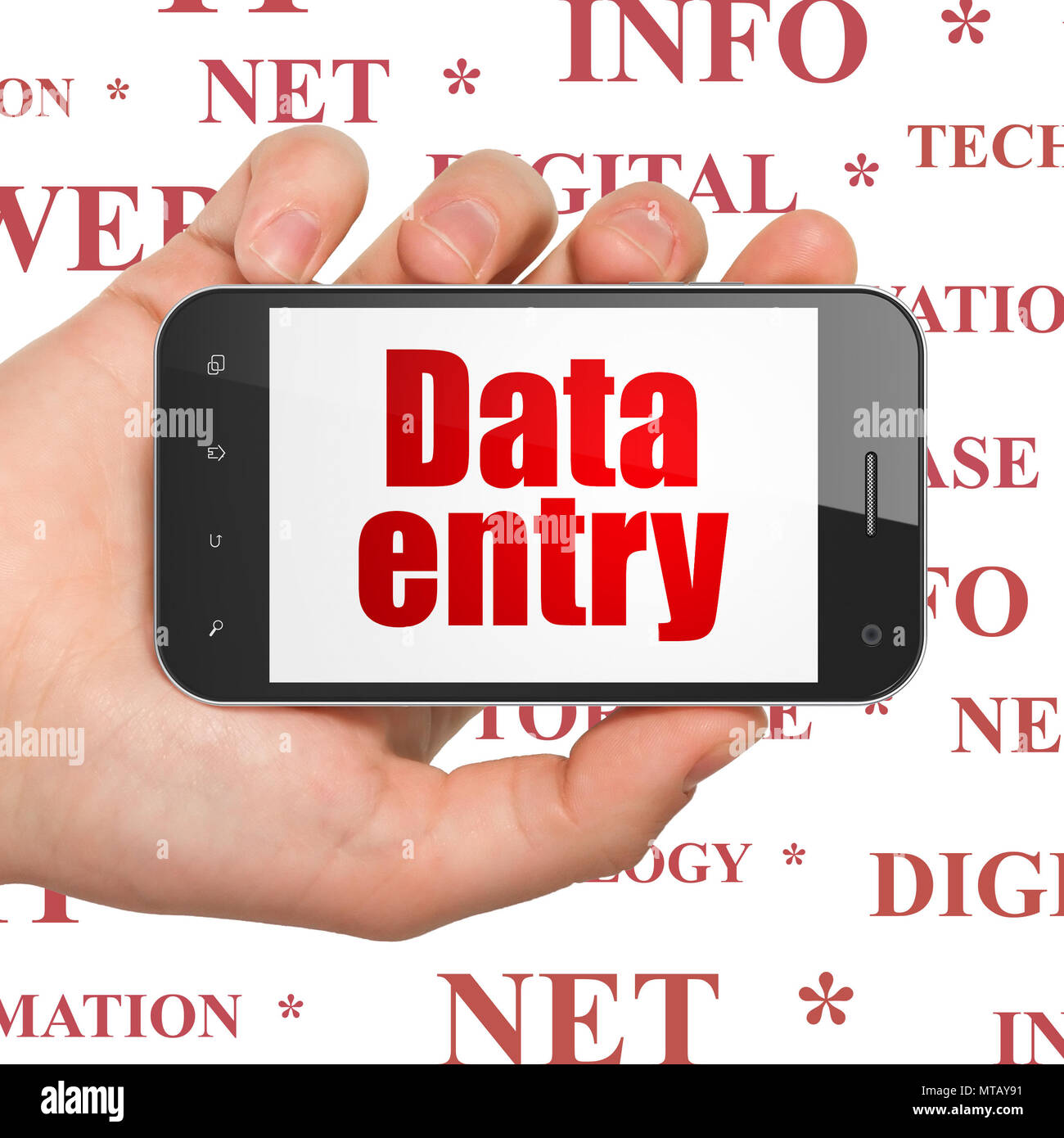 Data concept: Hand Holding Smartphone with Data Entry on display Stock ...