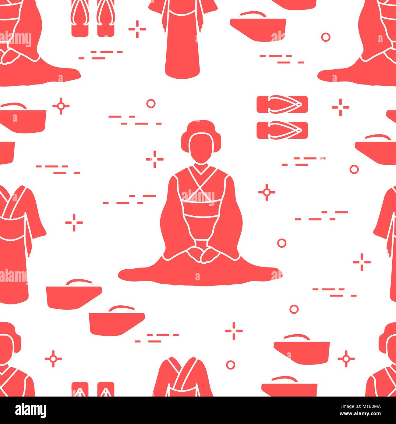 Seamless pattern with asian woman, traditional japanese clothing, shoes ...