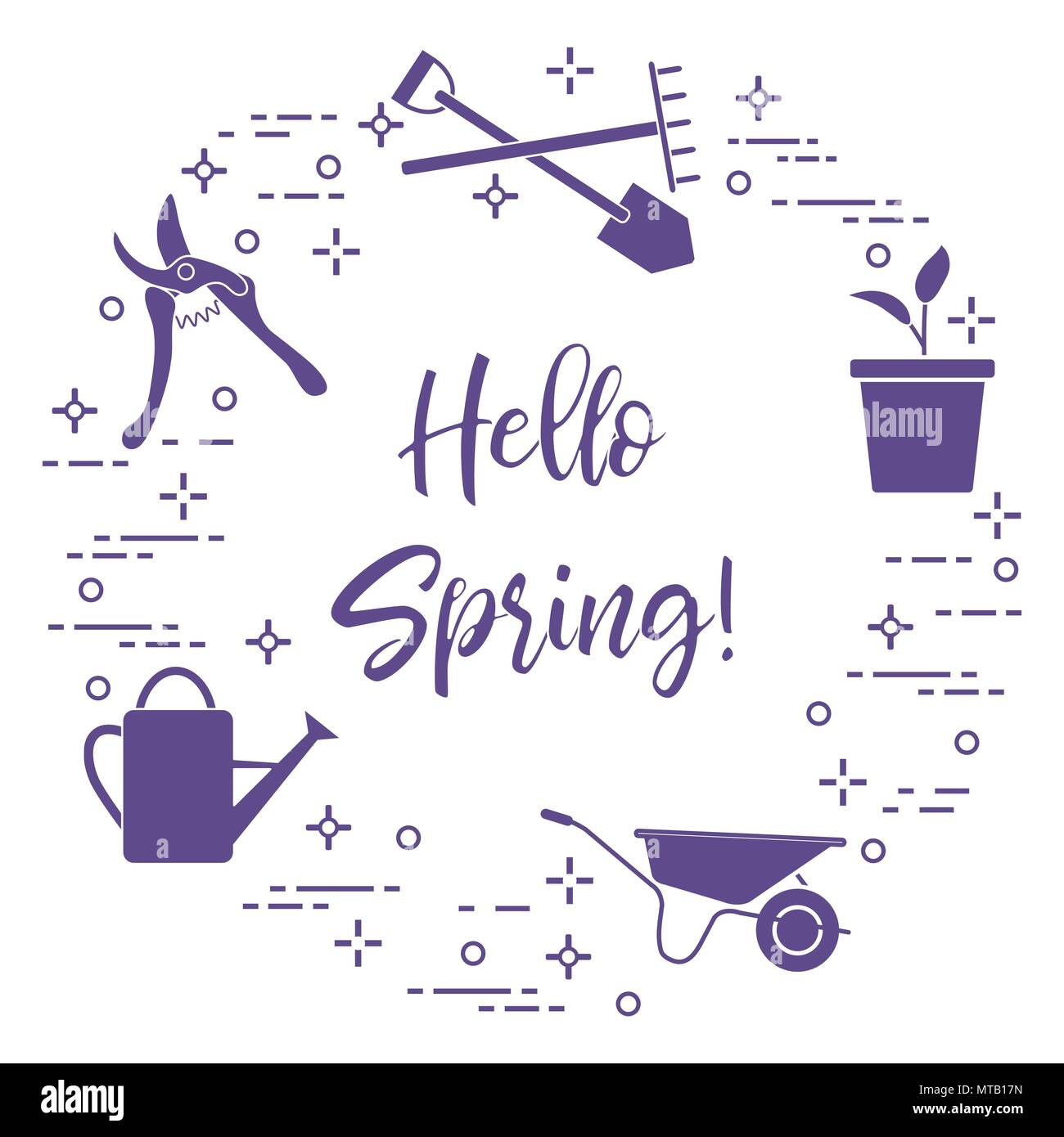 Pruner, rake, shovel, sprout, pot, leaves, wheelbarrow, watering can ...