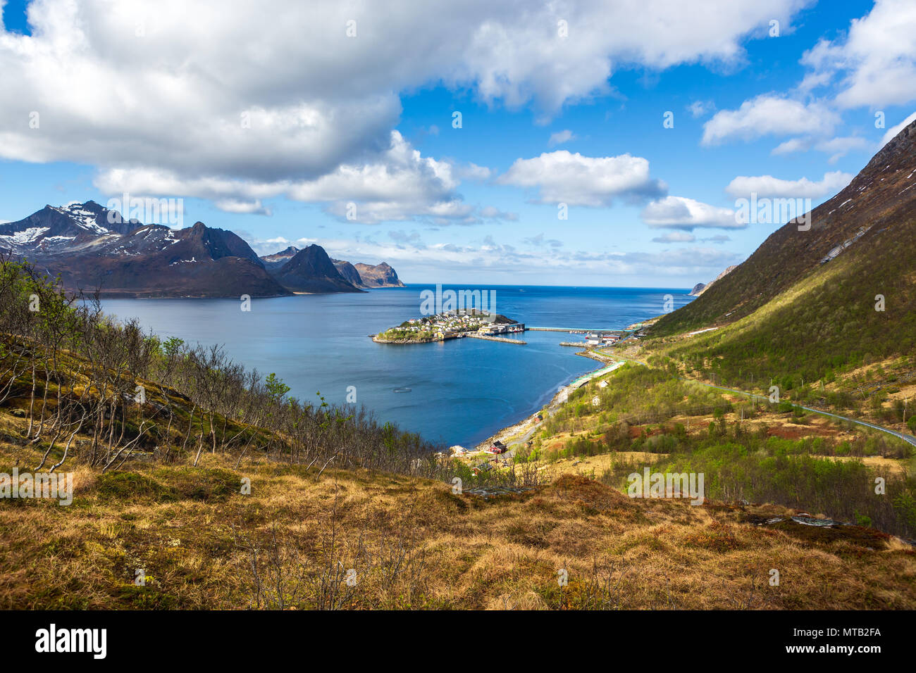 The landscape view of Senja Island with Husoy village in Norway Stock ...
