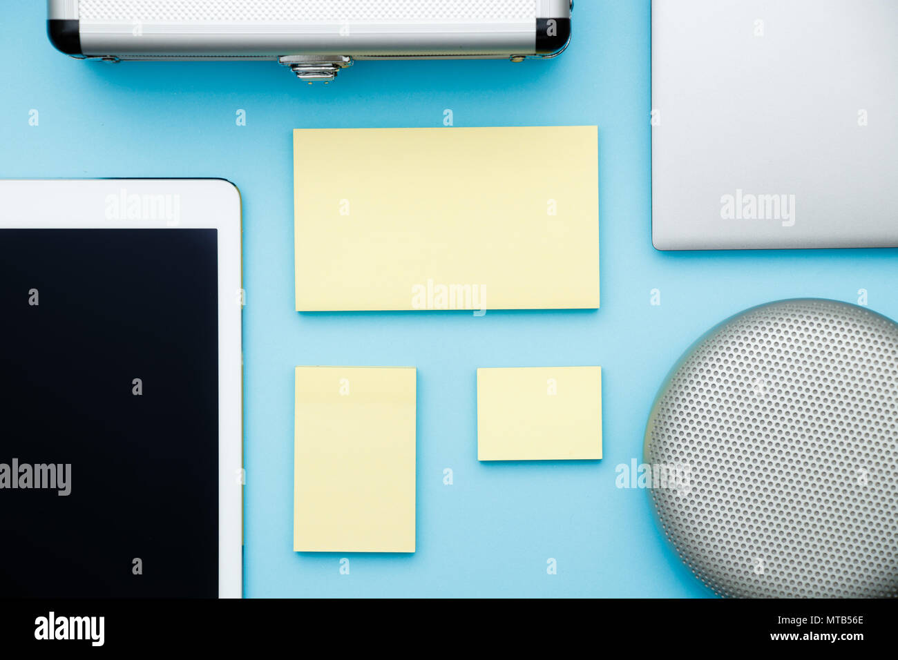 Stylish Workspace With Laptop Camera Sticky Notes Stock