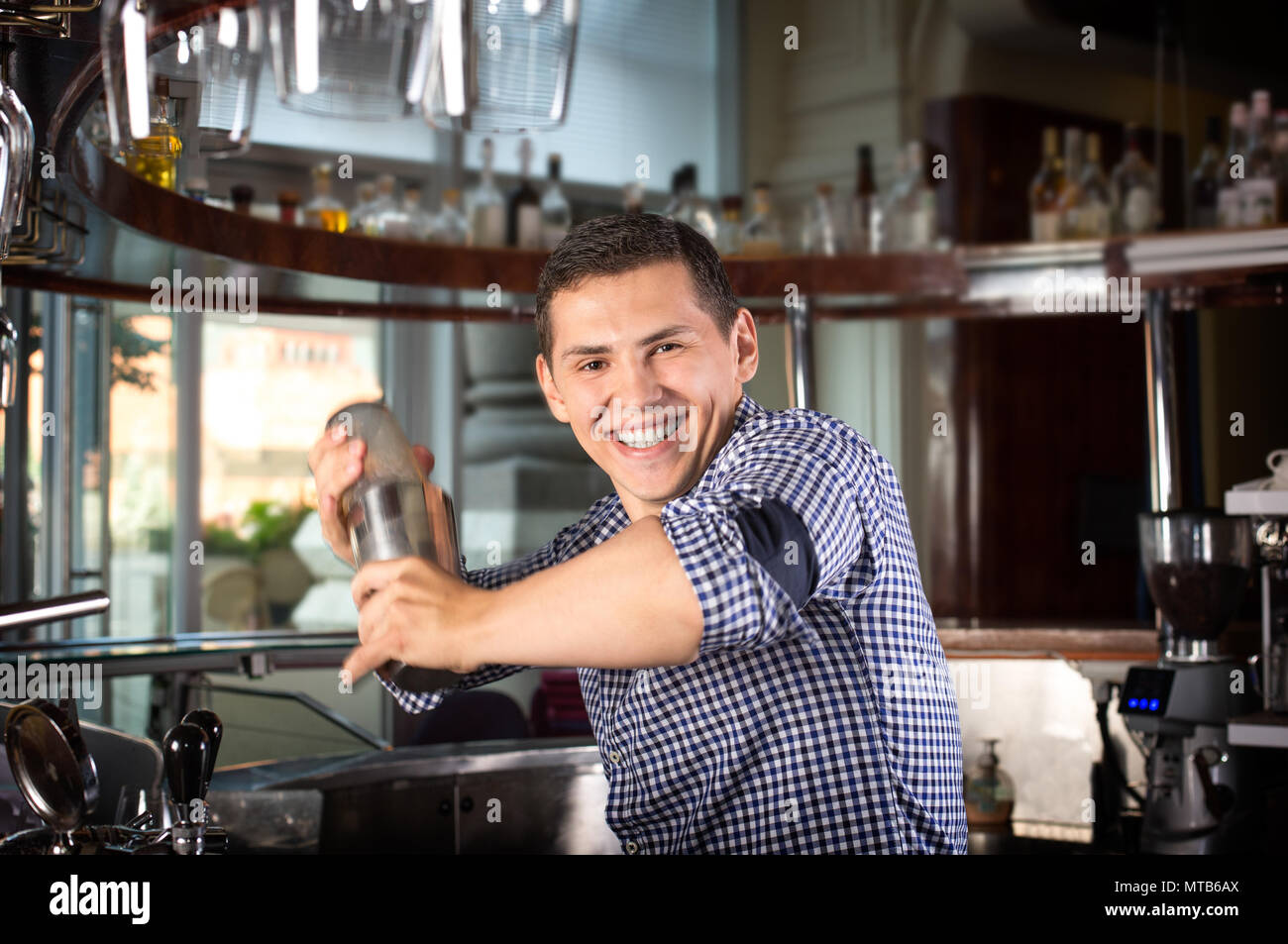 Happy smiling bartender shaking a cocktail in steel shaker Stock Photo ...