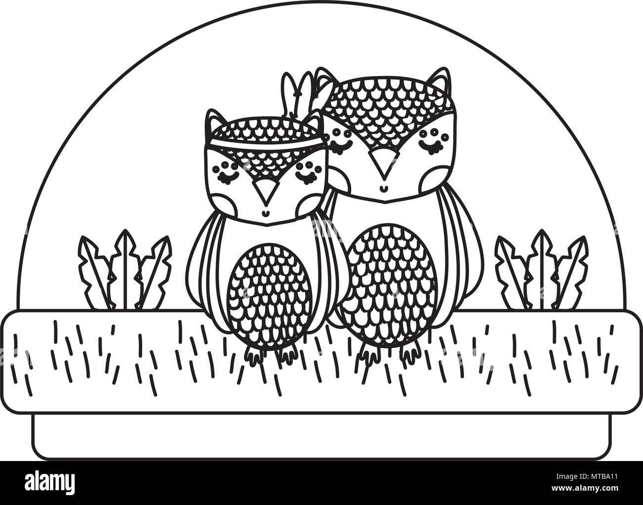 line cute owls animals together in the countryside Stock Vector Image ...