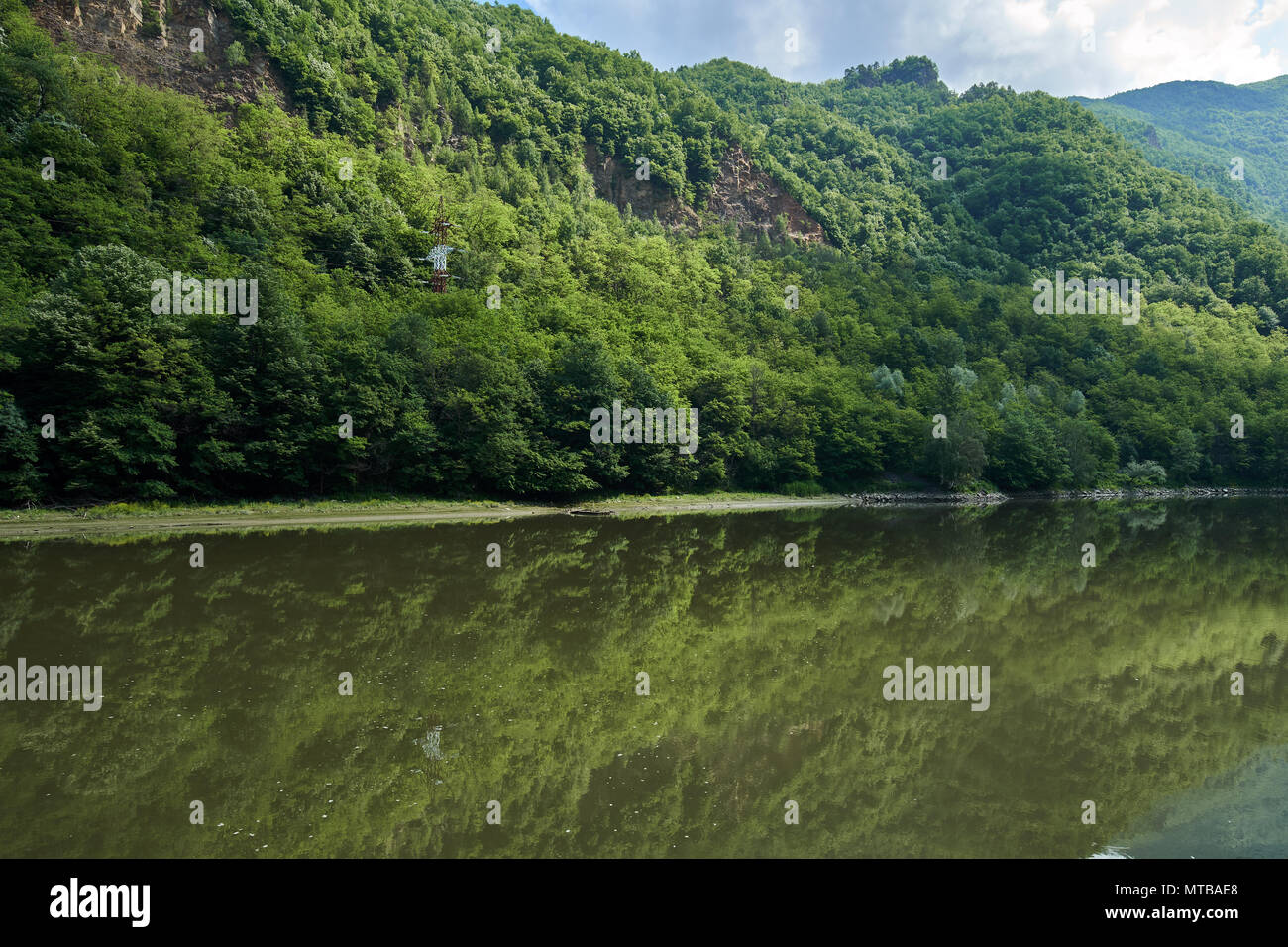 Landscape with Olt river in Romania surrounded by forest and mountains ...