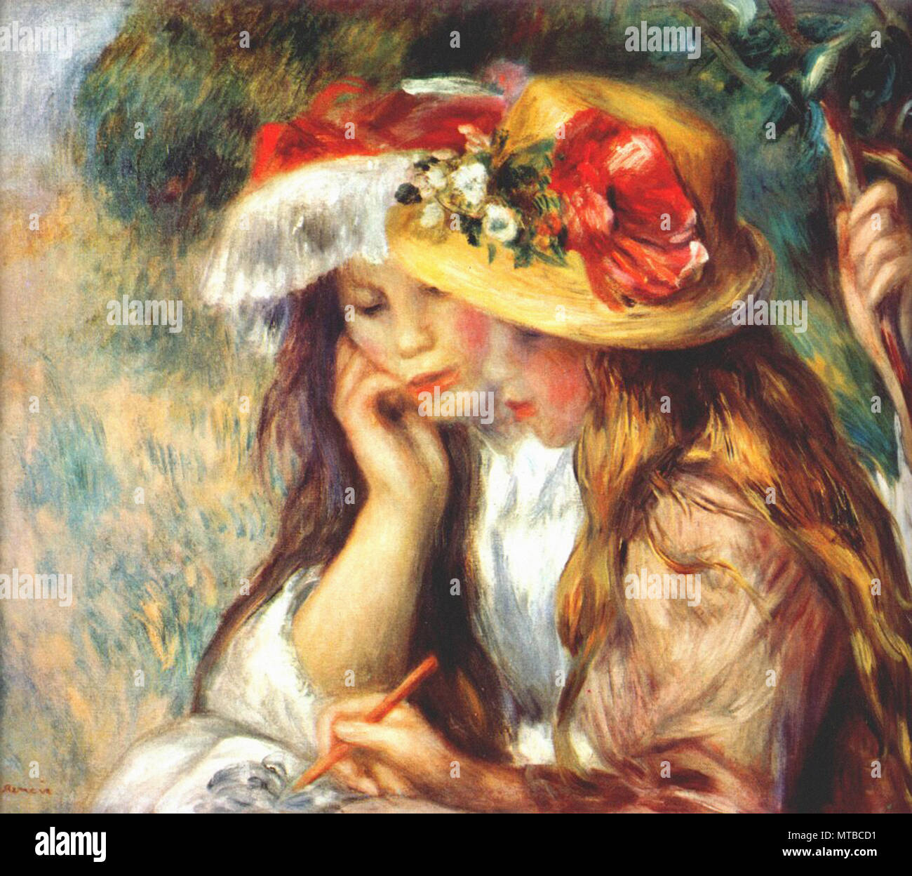 Renoir Pierre-Auguste - Two Girls Reading in a Garden C.1890 Stock ...