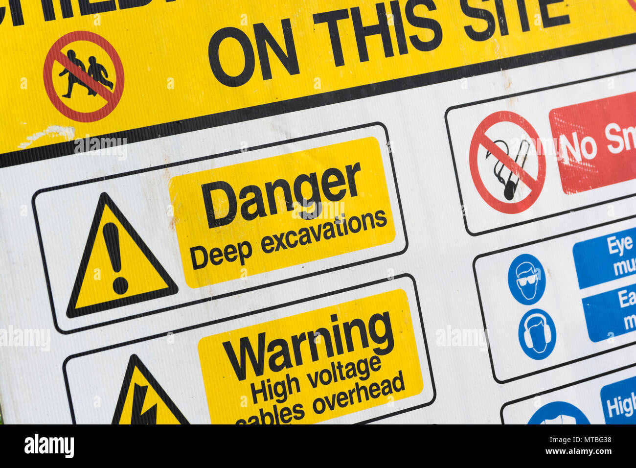 Yellow 'Health and Safety' site safety warning sign of deep excavations ...
