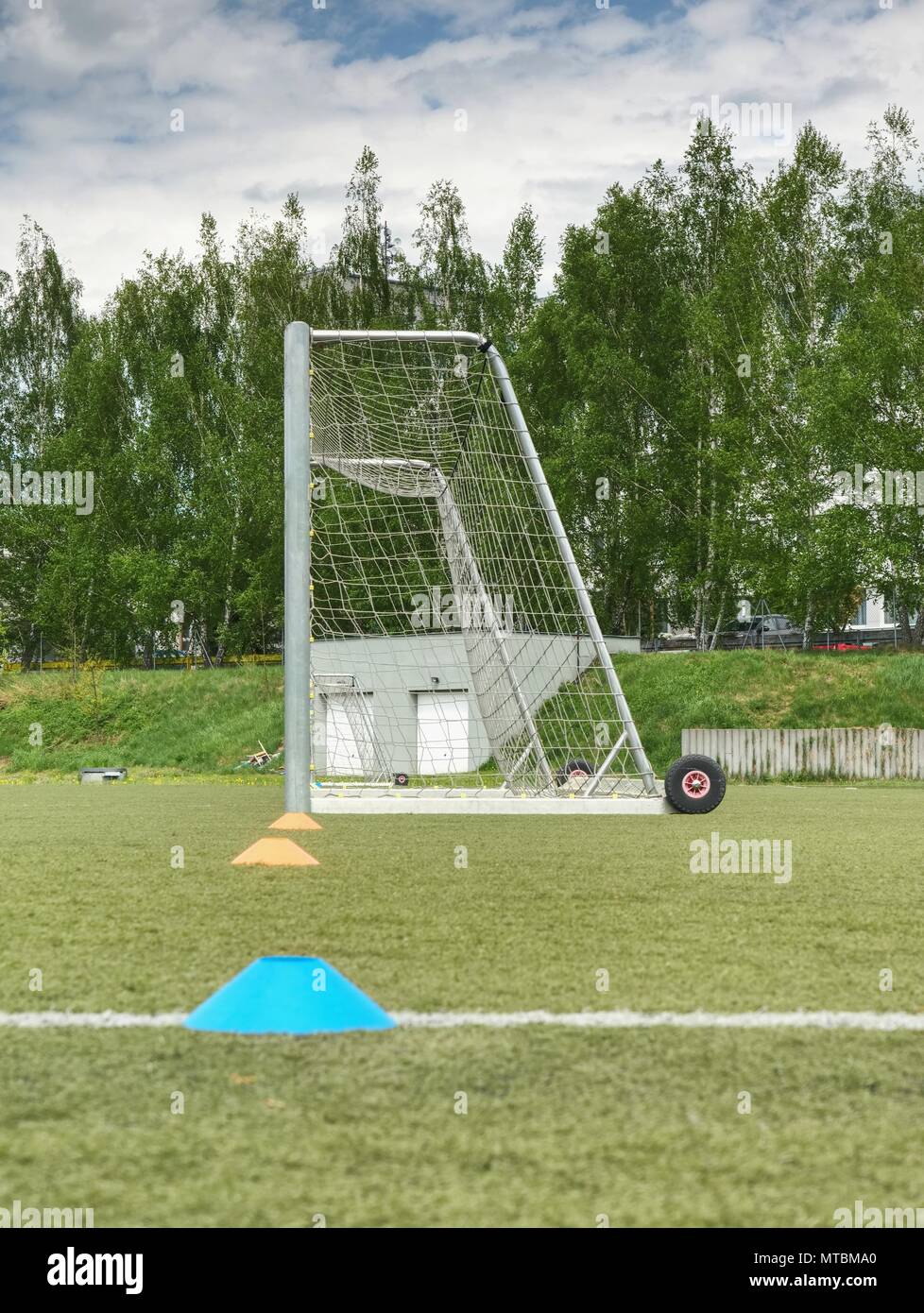 On football soccer field. Behind goal of soccer field. Soccer football ...